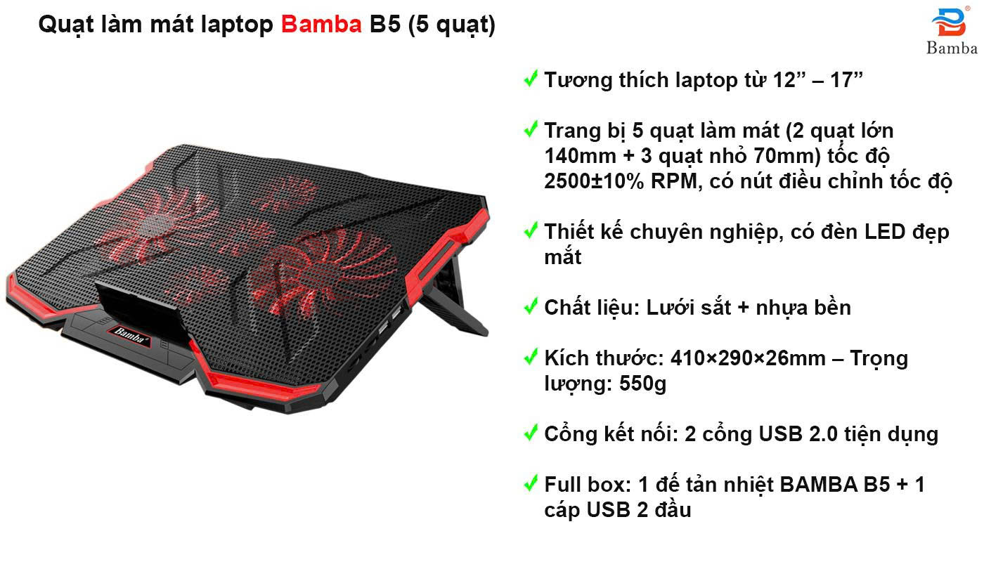 Quạt làm mát laptop Bamba B5 (5 quạt) – BAMBA